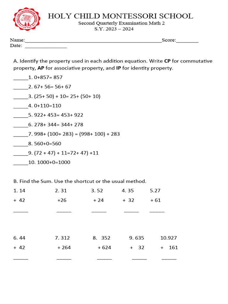Grade 2 Math Exam Worksheet | PDF | Mathematics | Mathematical Objects