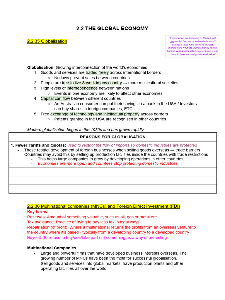 ECONOMICS 2.2 The Global Economy | PDF | Exchange Rate | Multinational Corporation