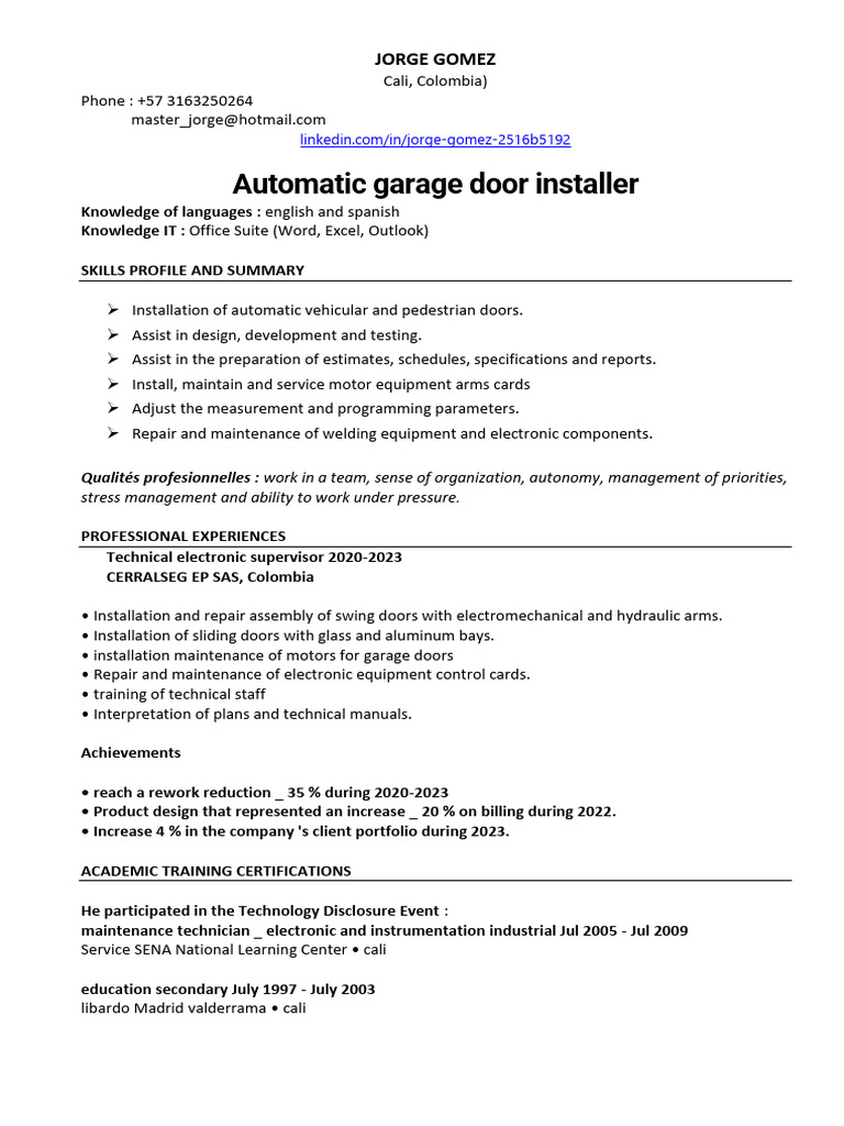 Automatic Garage Door Installer CV | PDF