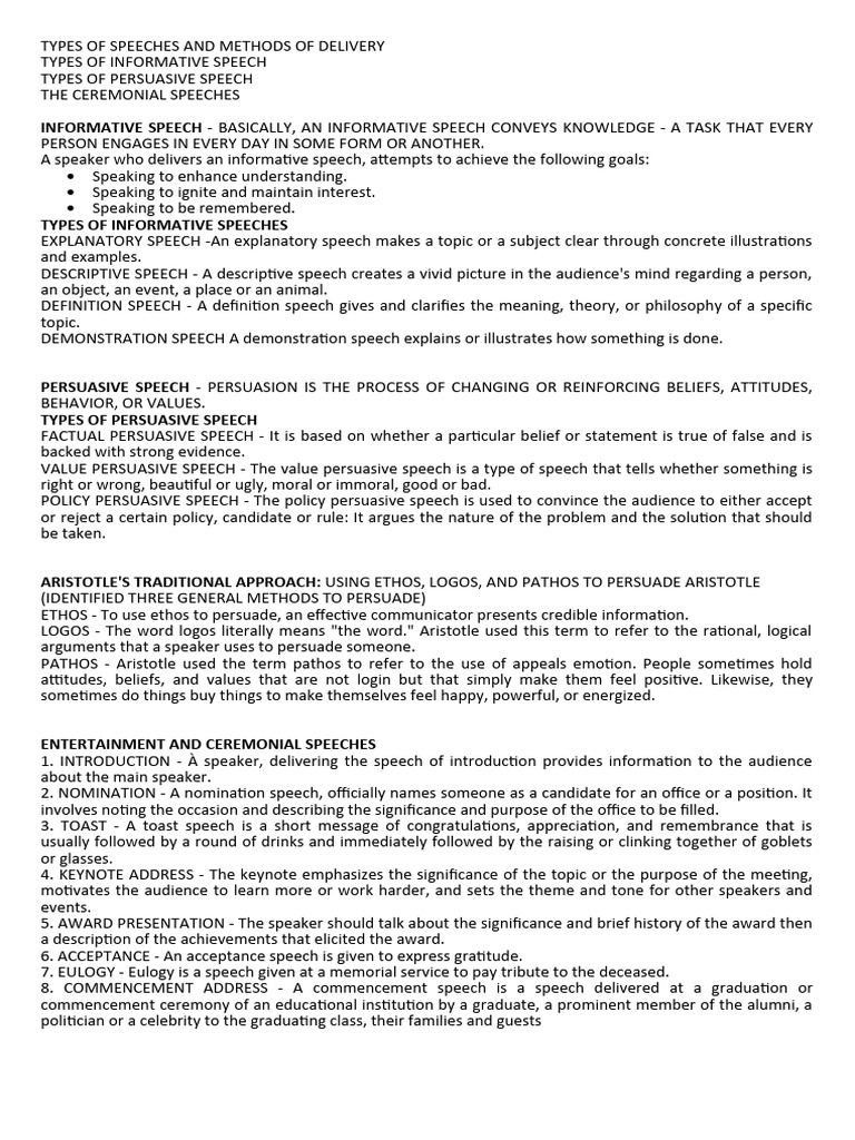 Types of Speeches and Methods of Delivery | PDF | Public Speaking ...