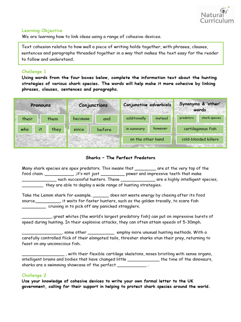 Oceanic White Tip Shark Cohesive Devices Worksheet | PDF | Sharks ...
