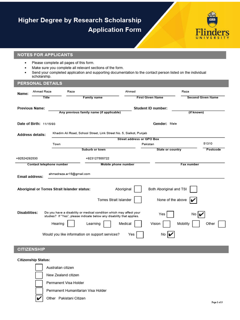Generic HDR Scholarship Application Form | PDF | Academic Degree ...