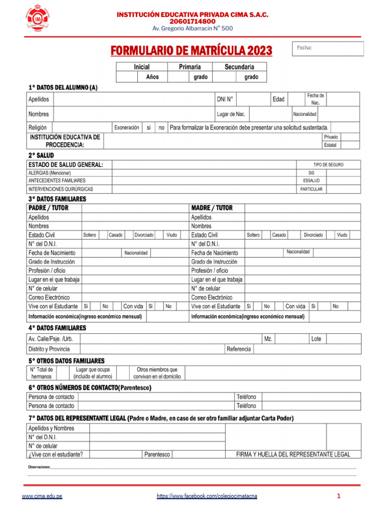 Formulario de Matrícula y Contrato 2023 | PDF | Institución | Escuelas