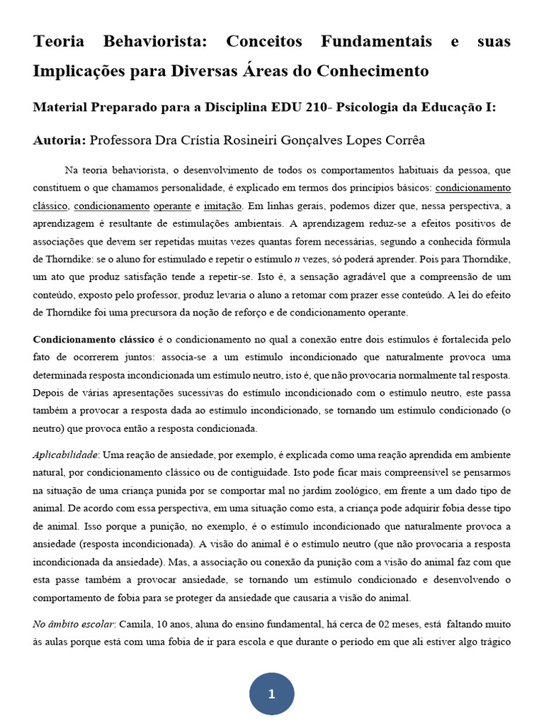 Teoria Behaviorista: Conceitos Fundamentais e Suas Implicações para ...