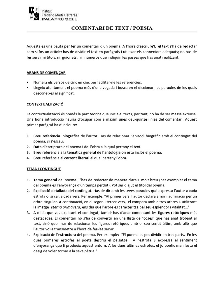 Comentari de Text. Poesia. Guió I Exemple. | PDF