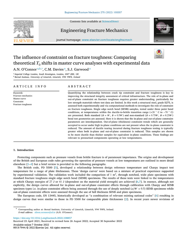 The Influence Of Constraint On Fracture Toughness T0 Shift In Master
