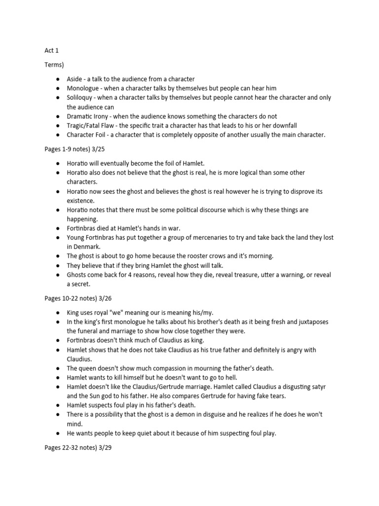 Act 1 Hamlet Notes | PDF | Hamlet