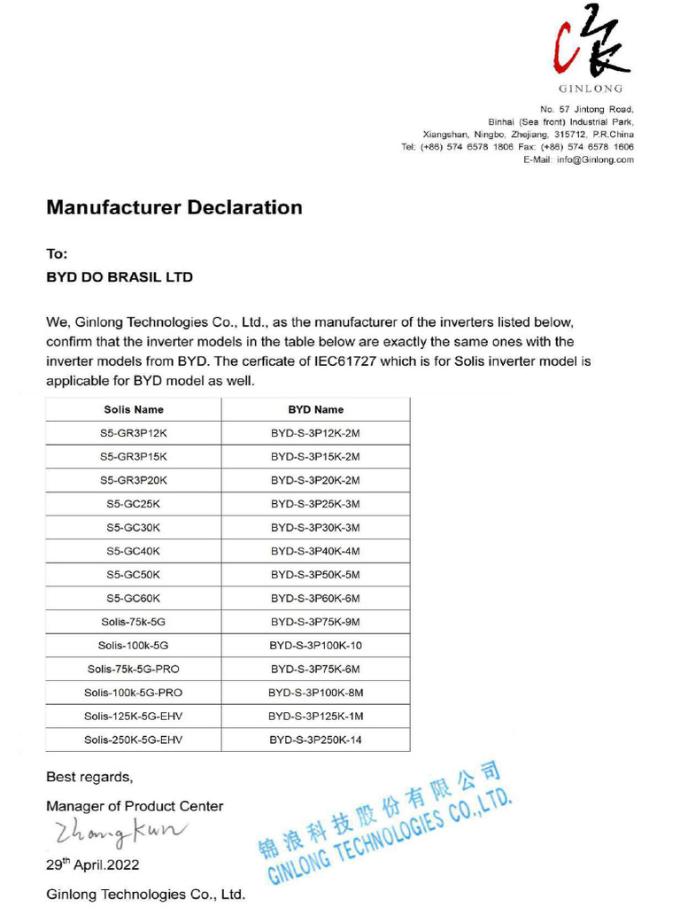 Manufacturer Declaration For BYD Re | PDF