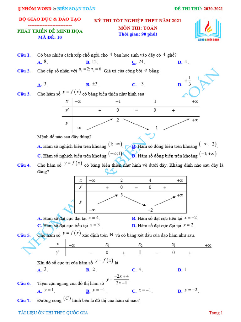 NW358 ĐỀ 10 PHÁT TRIỂN ĐỀ MINH HỌA THI TN THPT 2020 2021 GV | PDF