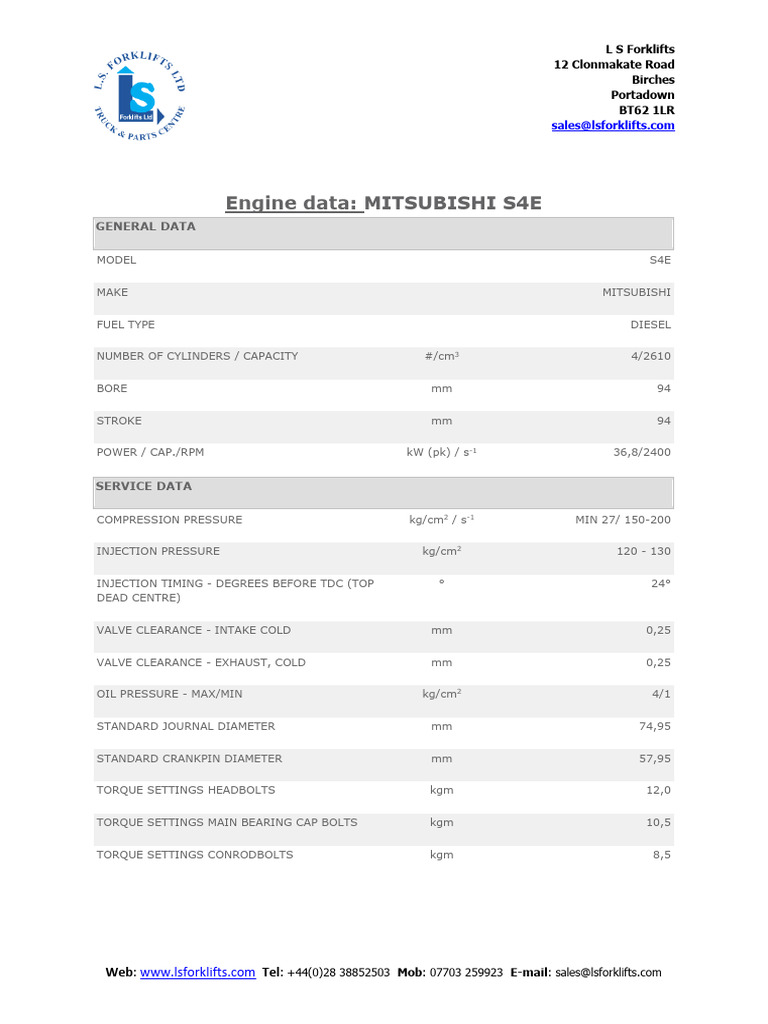 Mitsubishi S4e Engine Data | PDF | Diesel Engine | Vehicle Technology