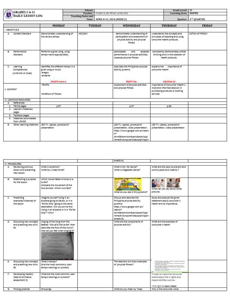 DLL_MAPEH 6_Q4_W2 | PDF | Learning | Behavior Modification