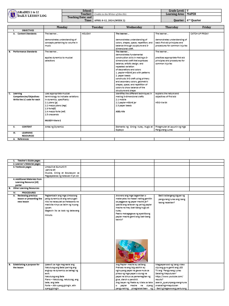 Grade 5 DLL MAPEH 5 Q4 Week 2 | PDF | Learning