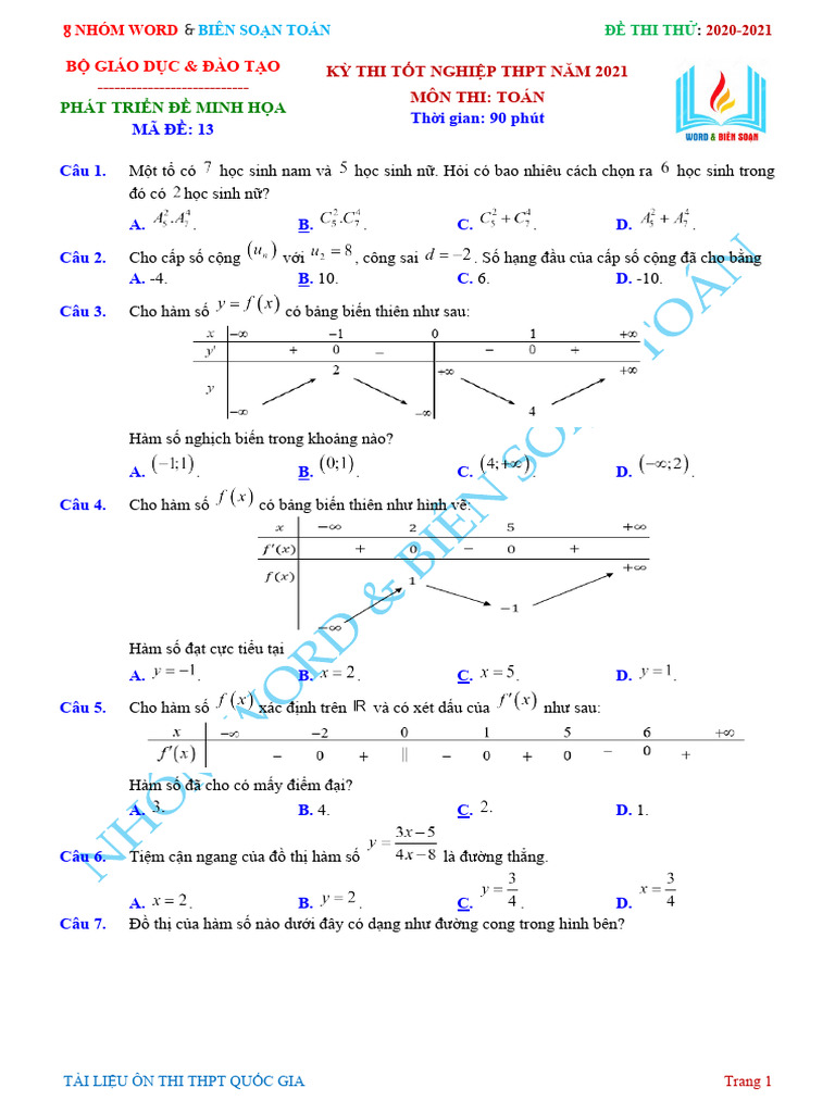 NW358 ĐỀ 13 PHÁT TRIỂN ĐỀ MINH HỌA THI TN THPT 2020 2021 GV | PDF
