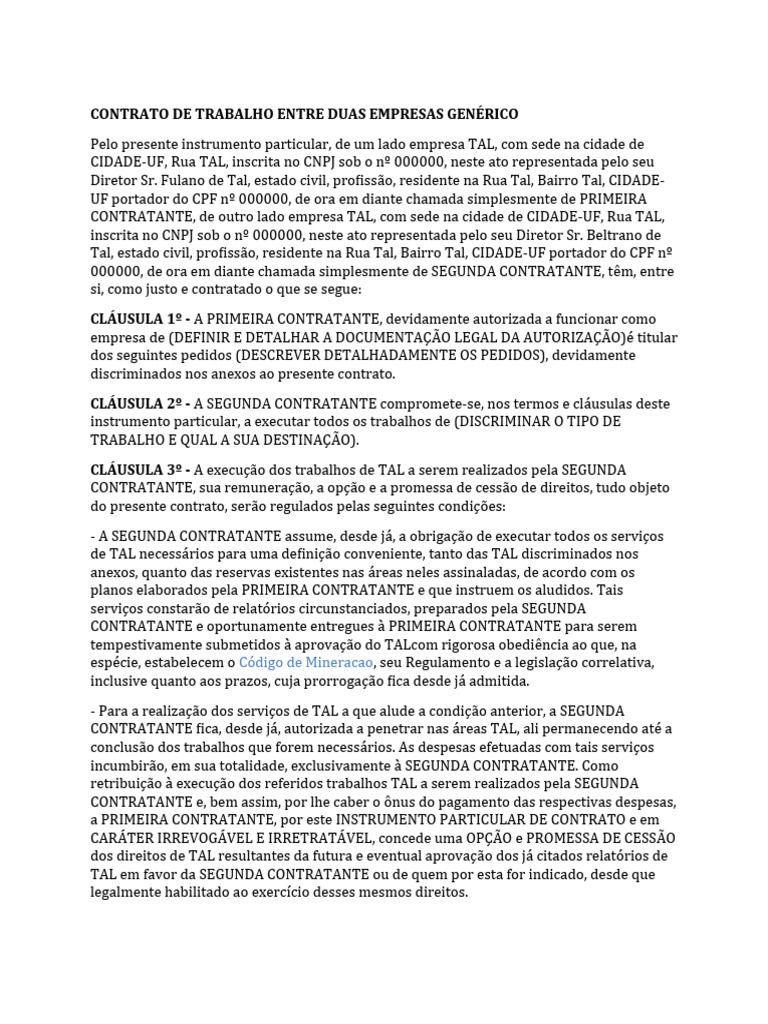 Modelo de Contrato de Trabalho Entre Duas Empresas Generico | PDF