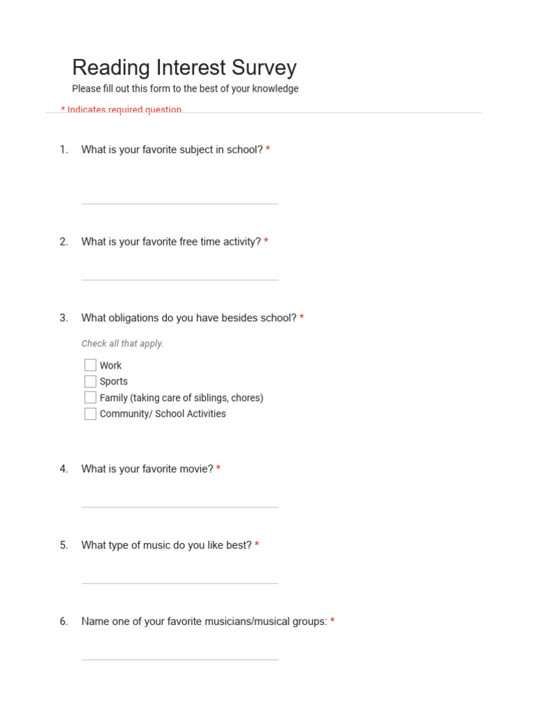 Reading Interest Survey - Google Forms | PDF