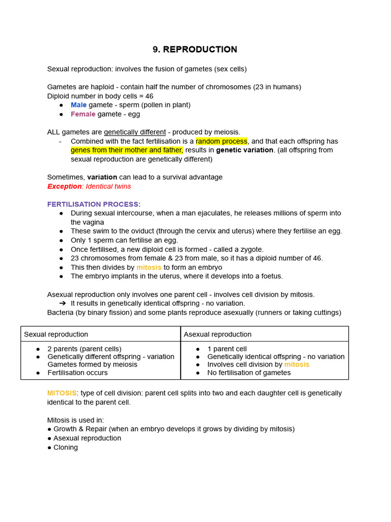 Biology 9 - Repoduction | PDF | Meiosis | Sexual Reproduction