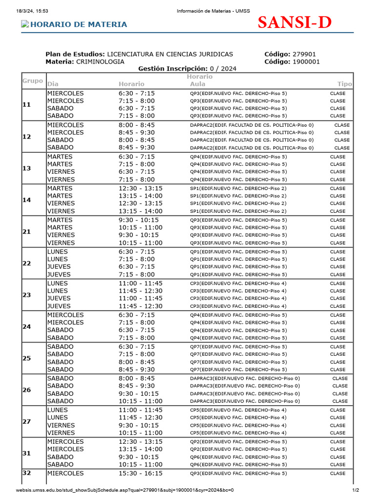 Horarios Criminología UMSS | PDF