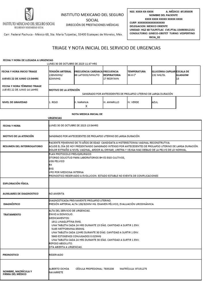 Nota Médica Inicial de Urgencias IMSS | PDF | Enfermedades y trastornos ...