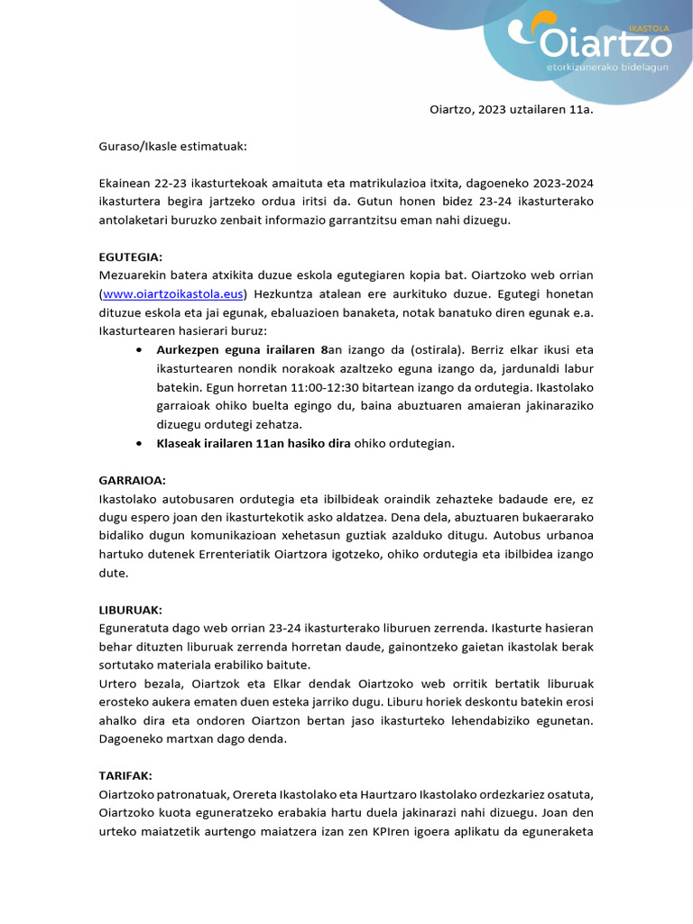 23 24 Ikasturte Hasiera UZT ELEB 2.maila | PDF