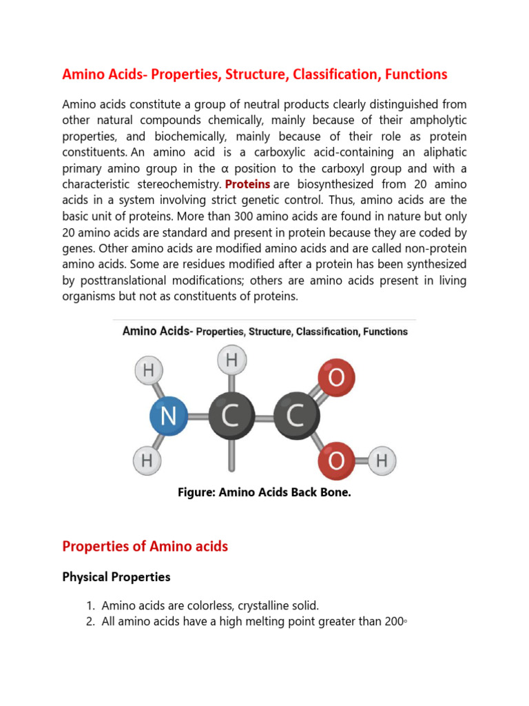 Amino Acids - Properties, Structure, Classification, Functions | PDF | Amino Acid | Biosynthesis
