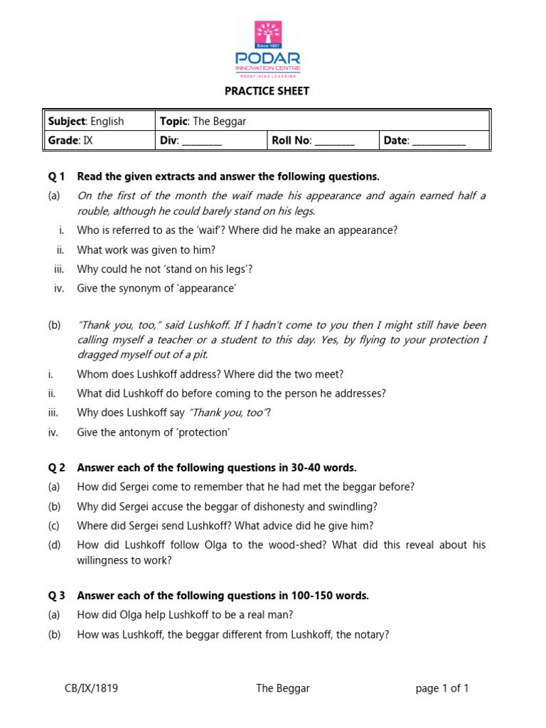 English Practice Sheet: The Beggar | PDF