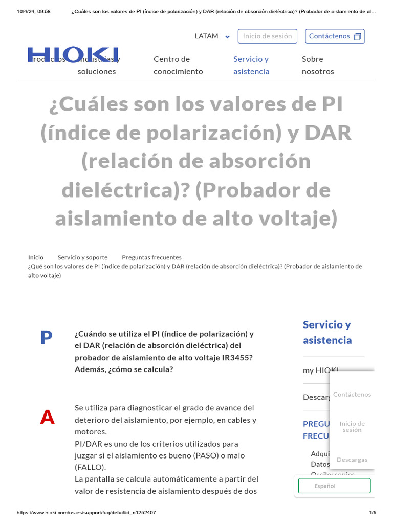 ¿Cuáles son los valores de PI (índice de polarización) y DAR (relación de absorción dieléctrica ...