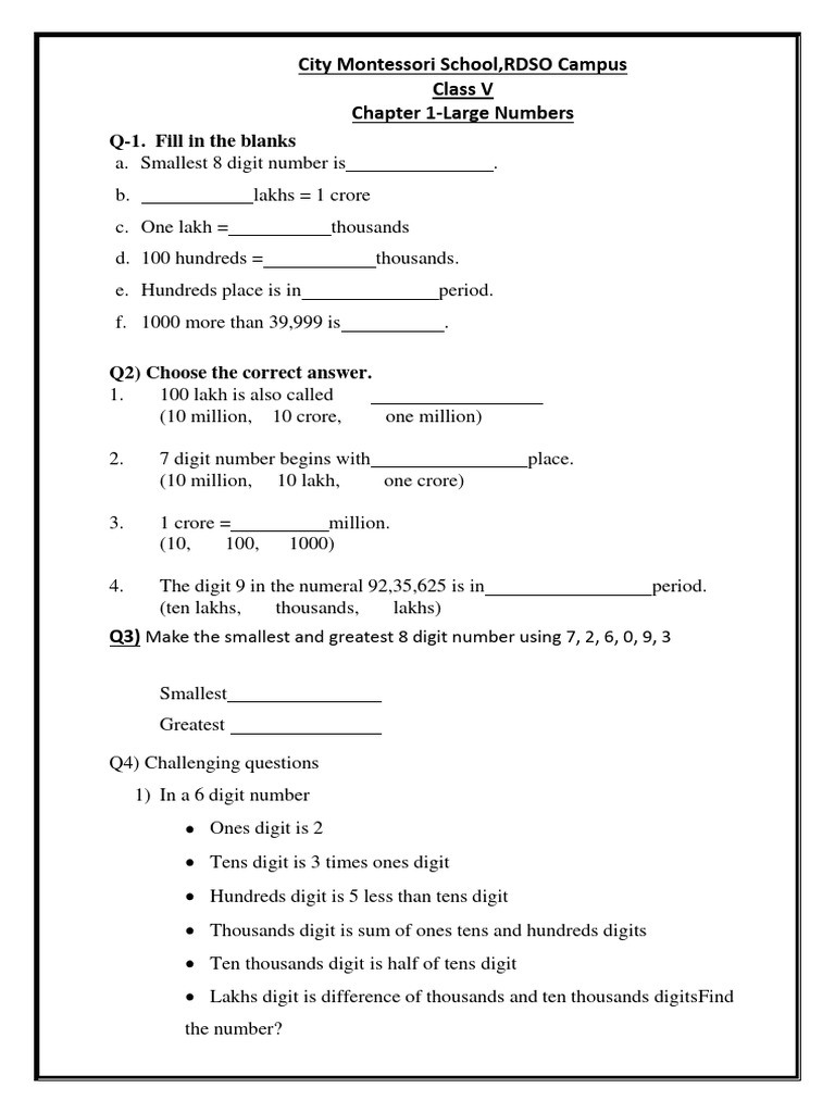 Class 5 Maths: Large Numbers Worksheet | PDF | Foreign Language Studies