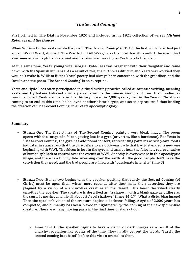 Second Coming | PDF | W. B. Yeats | Second Coming