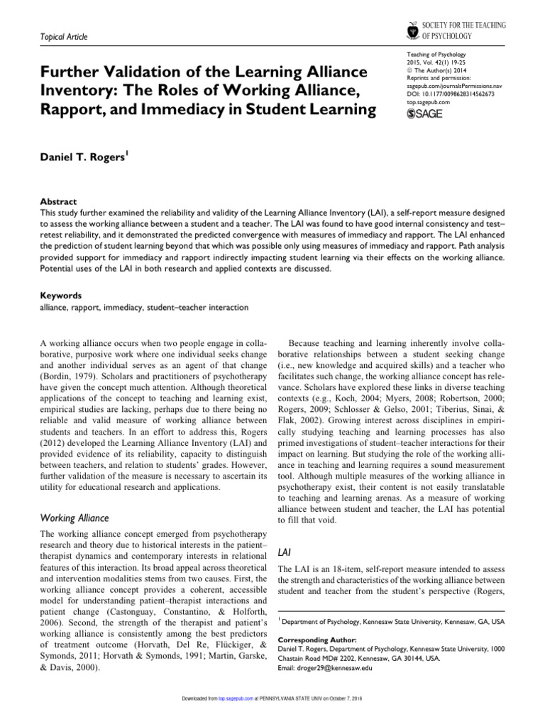 Further Validation of The Learning Alliance Inventory: The Roles of ...