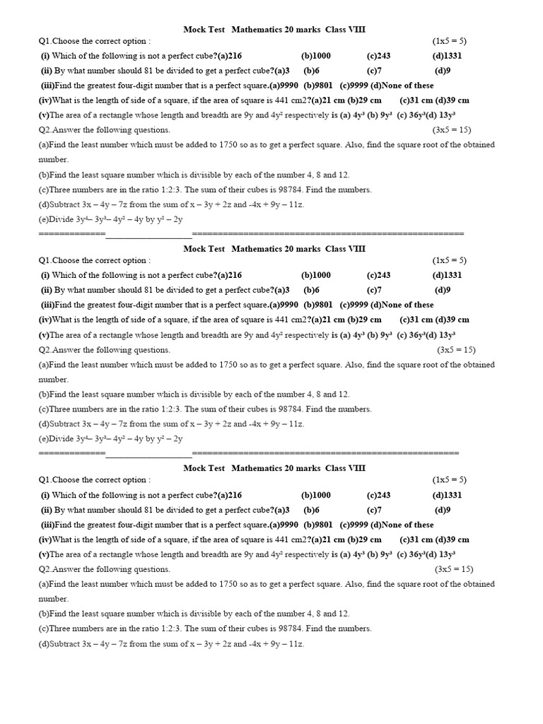 Class 8 Mathematics Mock Test 3 in 1 | PDF | Area | Length