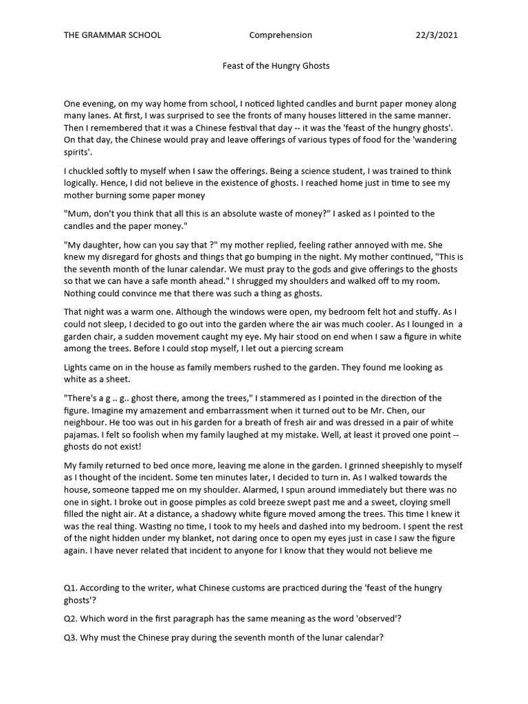 Feast of The Hungry Ghosts Comprehension | Download Free PDF | Ghosts