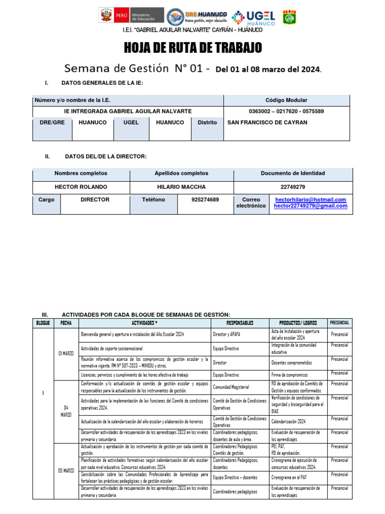 Hoja de Ruta de Primera Semana de Gestion 2024 | PDF | Aprendizaje