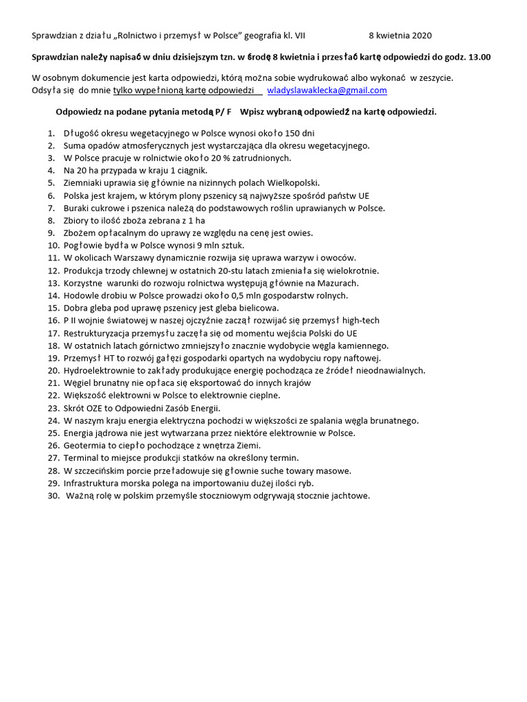 Sprawdzian Rolnictwo i Przemysl | PDF
