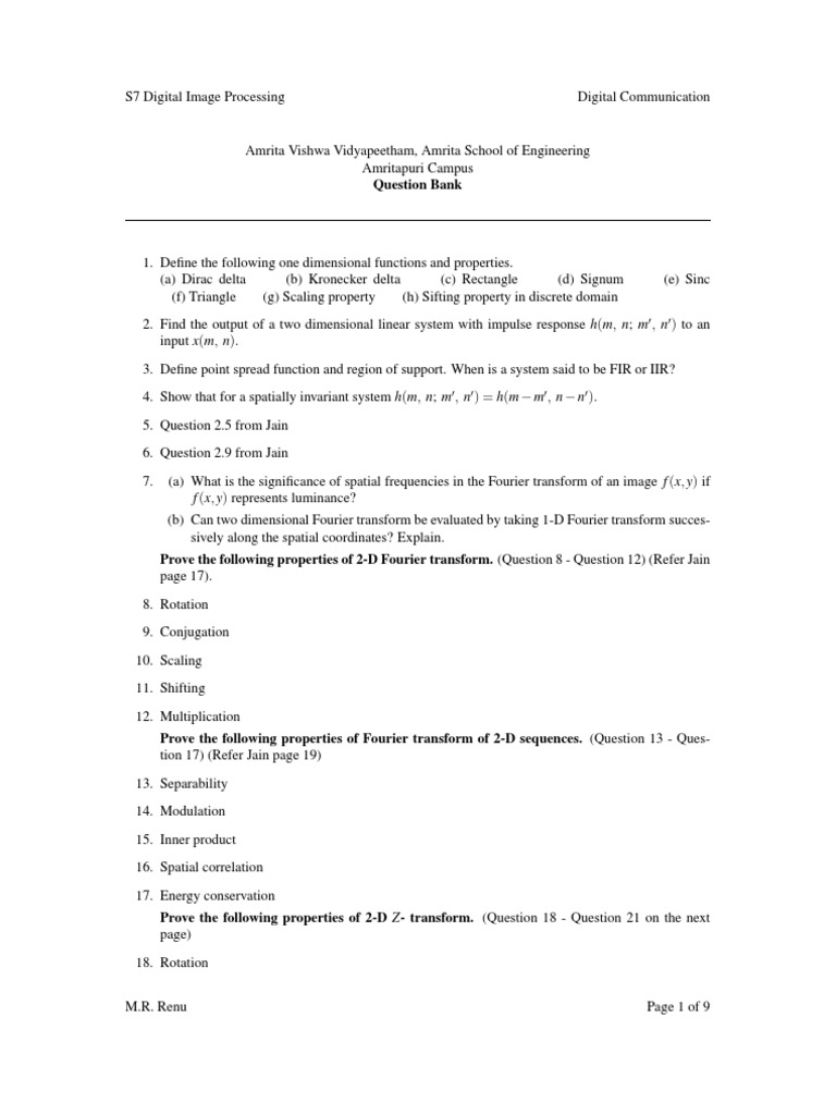 DIP Question Bank | PDF | Data Compression | Discrete Fourier Transform
