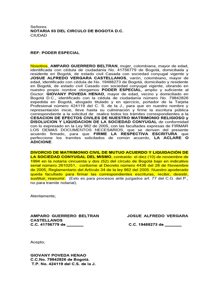 Poder Divorcio Notarial Giovany | PDF | Divorcio | Instituciones sociales