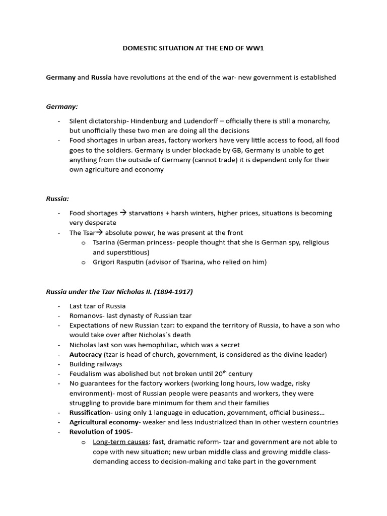Domestic Situation at The End of WW1 | PDF | Treaty Of Versailles ...