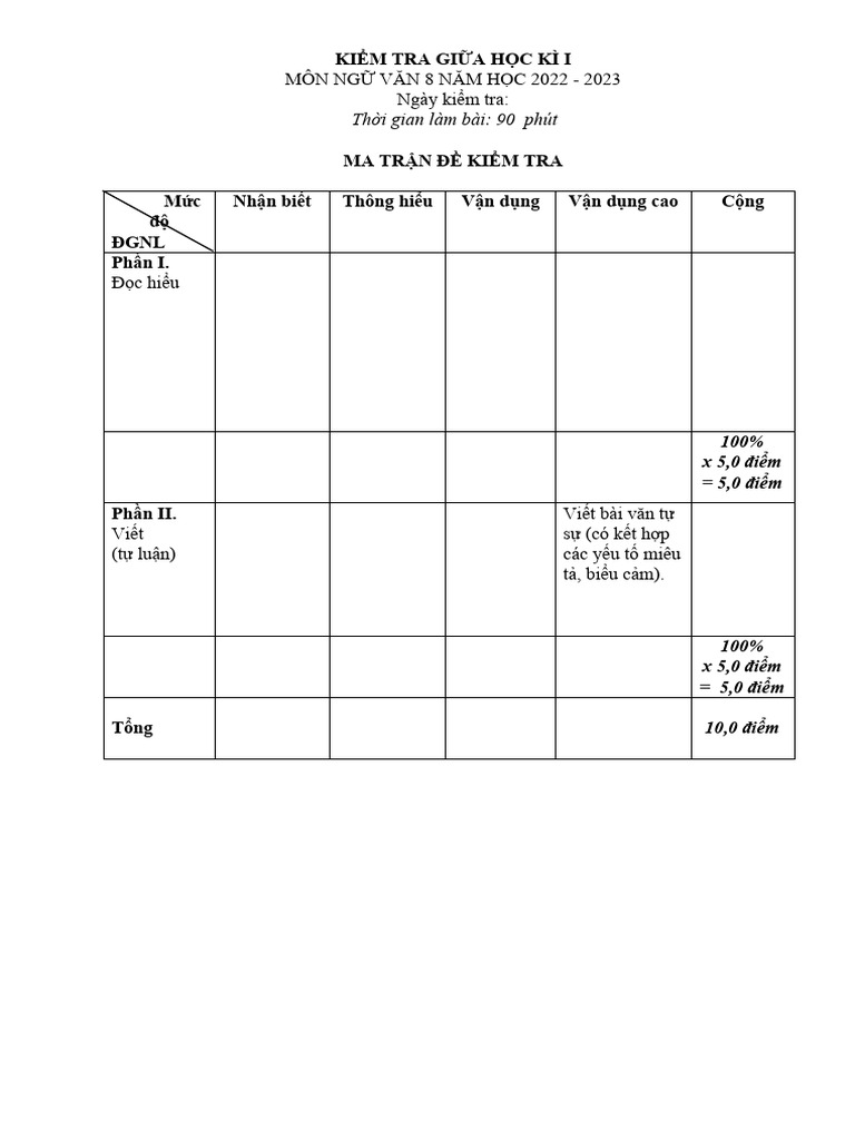 B NG Tiêu Chí Đánh Giá Bài TLV Gi A Hki NG Văn 8 | PDF
