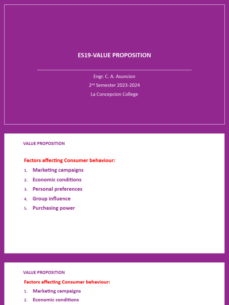ES19 VAlue Proposition April 1 3,2024 | PDF | Consumer Behaviour | Behavior