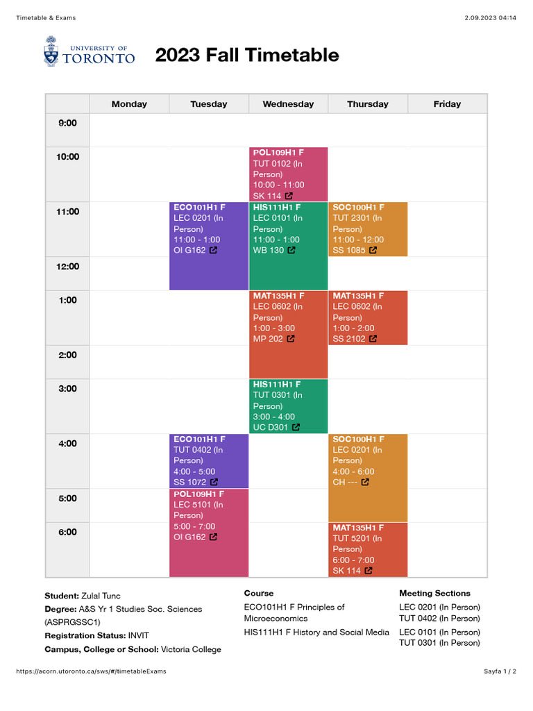 Fall 2023 Timetable & Exams | PDF