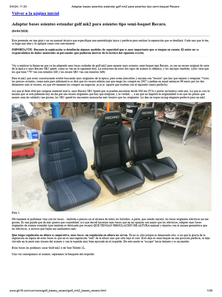 Adaptar bases asientos estandar golf mk2 para asientso tipo semi-baquet ...