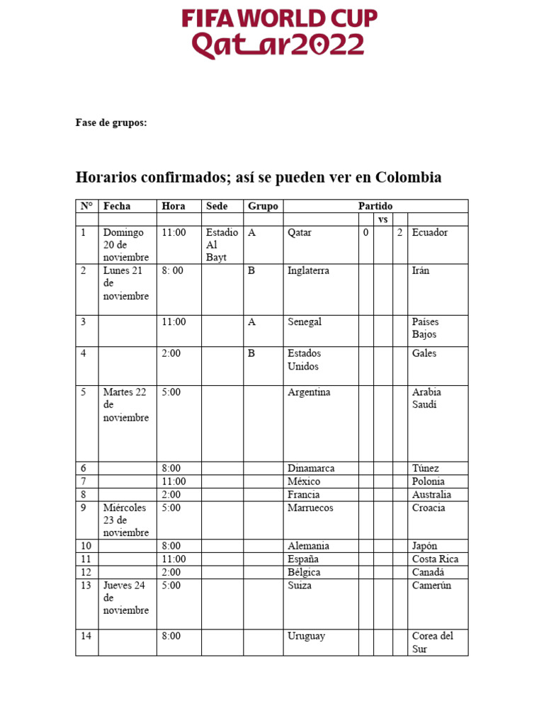 Mundial Catar 2022 Fase de Grupos | Descargar gratis PDF | Katar