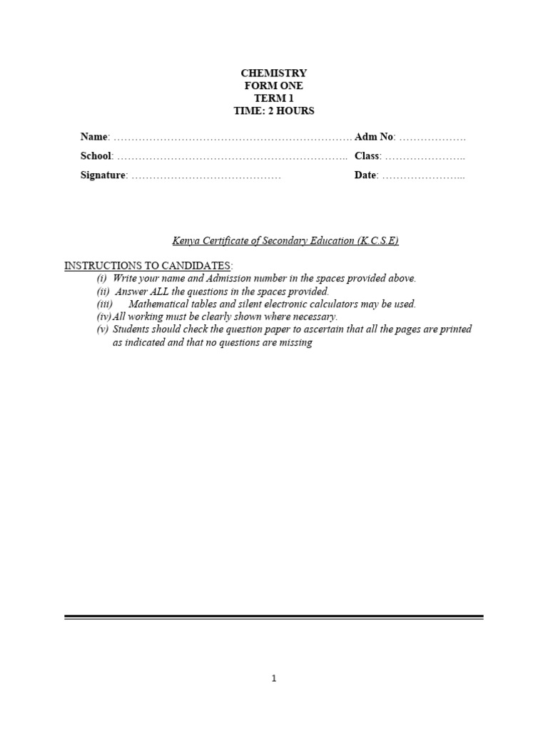 Form 1 Chemistry - Question Paper | PDF | Distillation | Physical Sciences