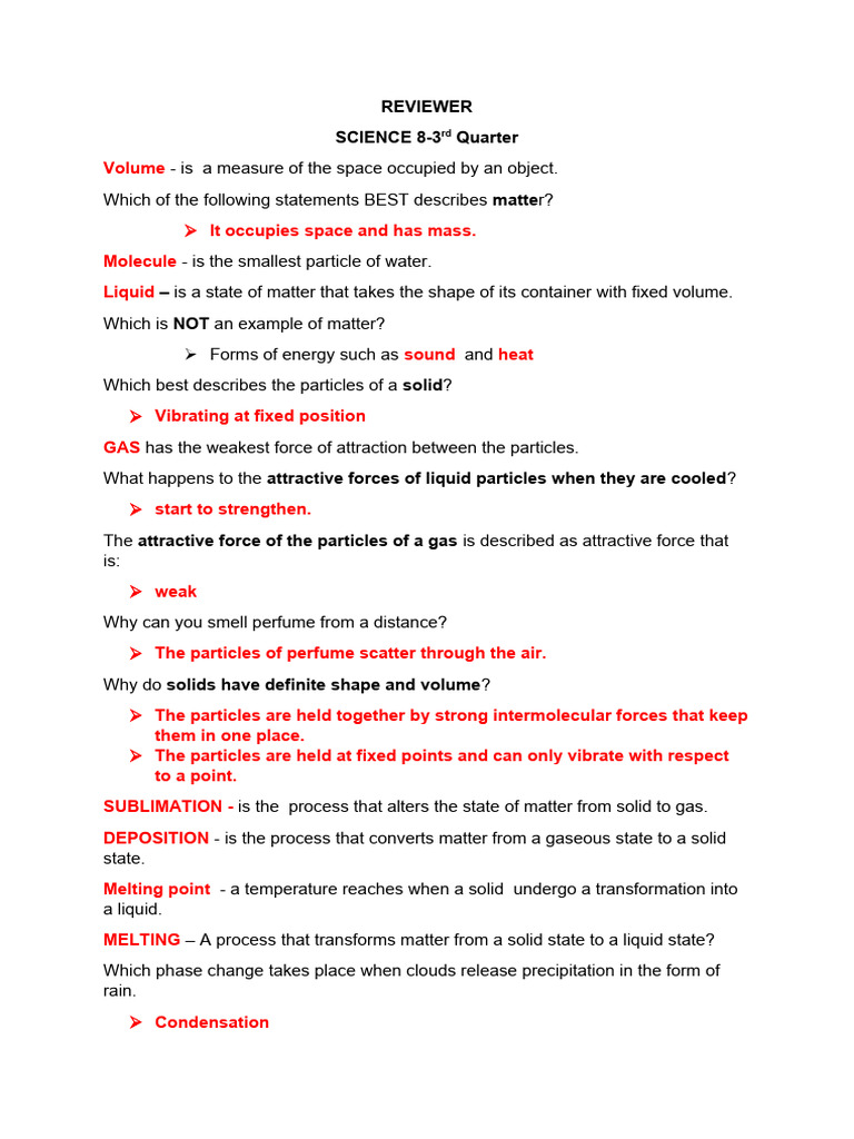 Science 8: Matter and Phase Changes Review | PDF | Atoms | Proton