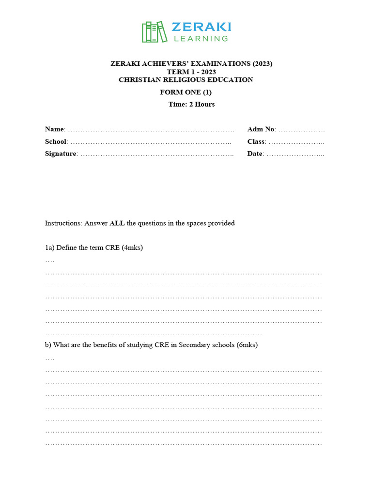 C.R.E. - CRE Form 1 - Question Paper | PDF | Abrahamic Religions ...
