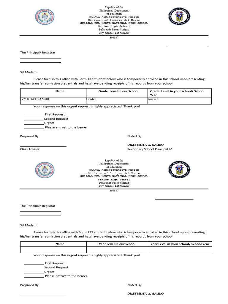 Letter Request For Form 137 | PDF
