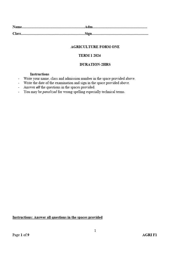 Form 1 Agriculture -Question Paper | PDF | Agriculture | Soil