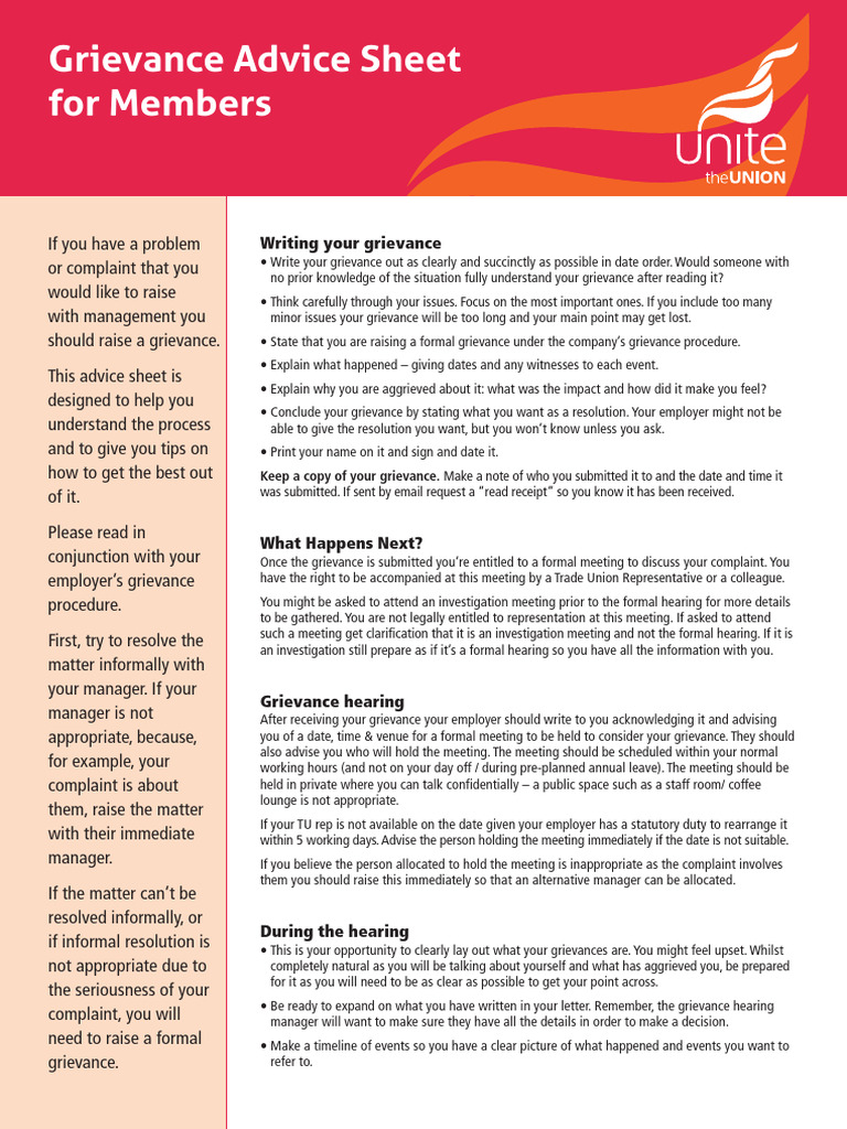 Grievance Advice Sheet For Members | PDF | Justice | Crime & Violence