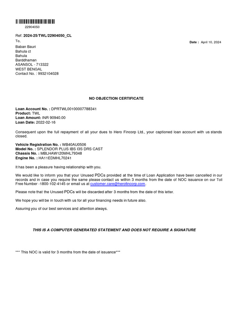 Vehicle Loan NOC and Hypothecation Termination | PDF