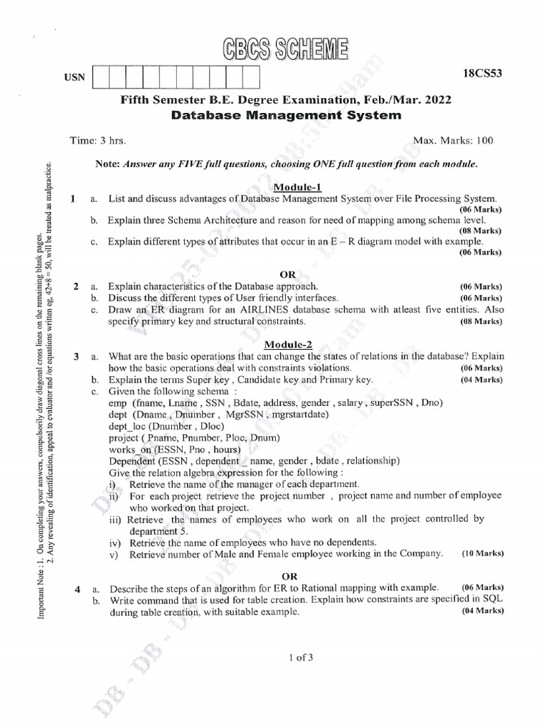 5th - 6th Semester Question Papers CSE - ISE Feb-March 2022 | PDF