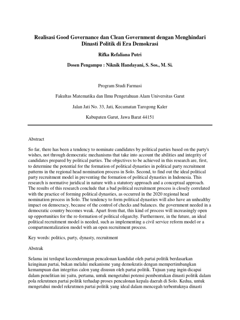 Realisasi Good Governance Dan Clean Government Dengan Menghindari ...